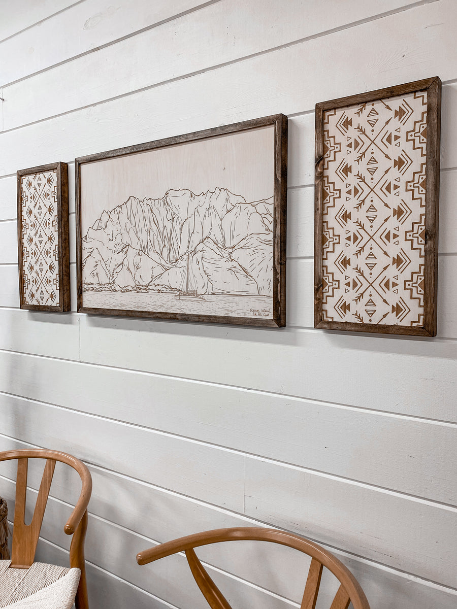 3 Piece Hand Sketched Kawaii Island Na Pali Coast Wood Artwork with Az ...