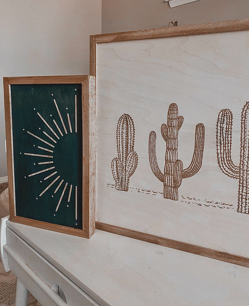 3 Piece Hand Sketched Cactus & Sun Wood Artwork | Boho Cactus Decor ...