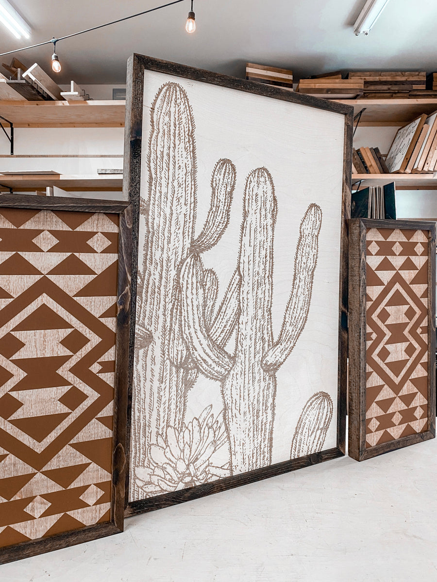 Cactus & Aztec Wood Wall Art | 3 Piece Art Set | Cactus Wall Decor ...
