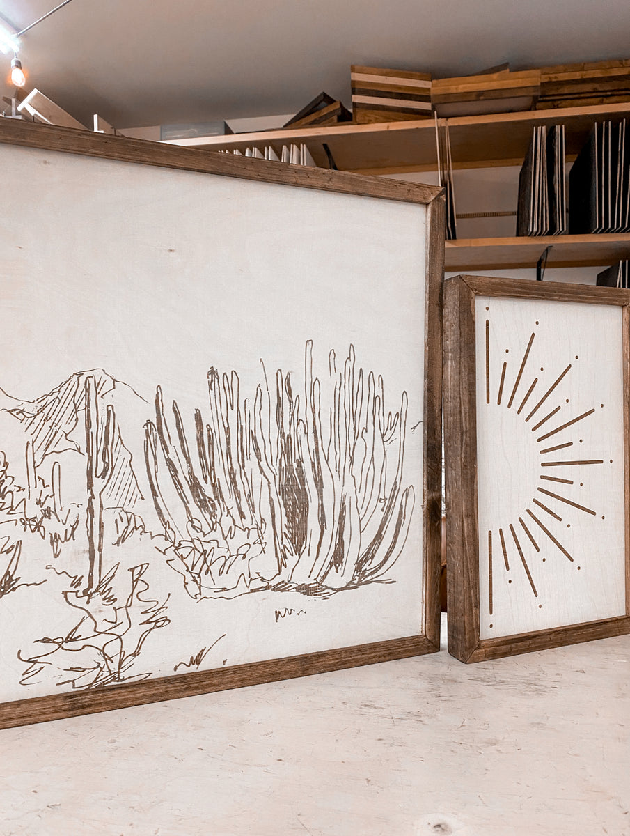 3 Piece Hand Sketched Cactus & Sun Wood Artwork | Boho Cactus Decor ...