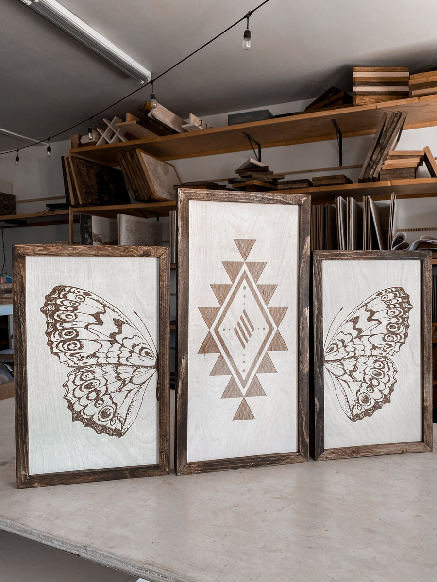 Simple Aztec & Butterfly Wood Wall Art | 3 Piece Set – Birch and Home